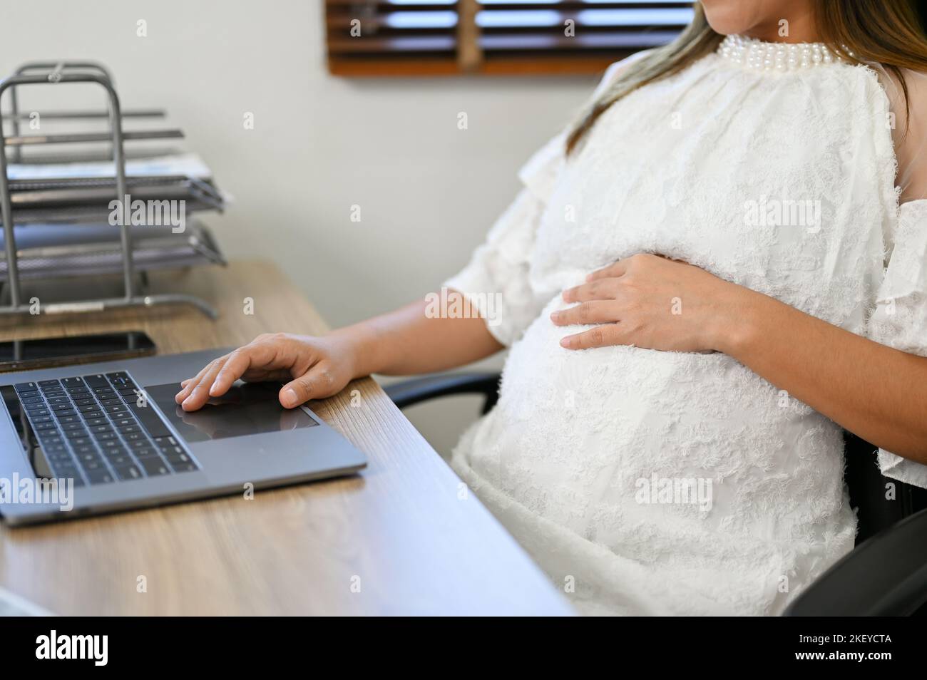 Beautiful Asian pregnant businesswoman working at her desk, using ...