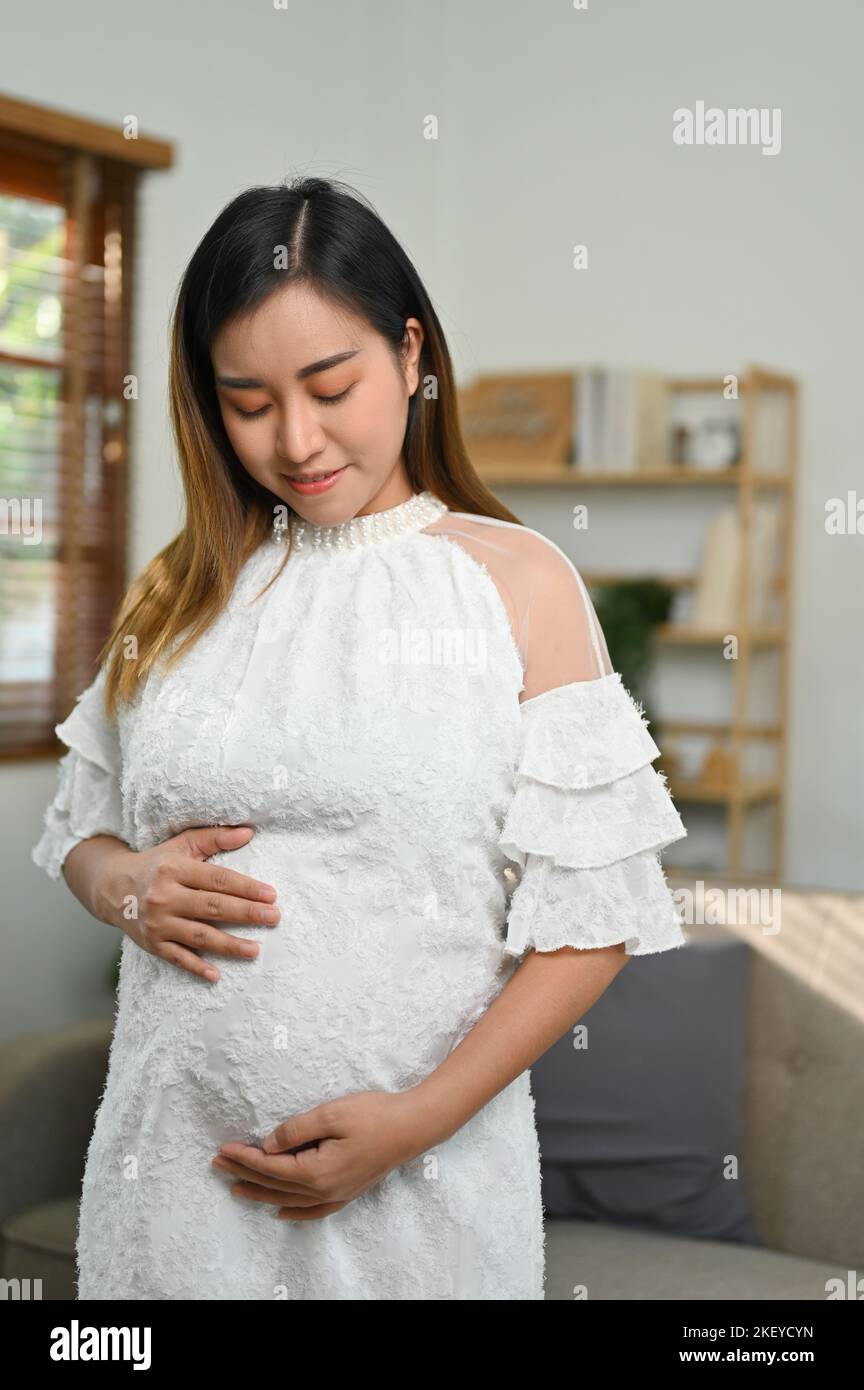 Portrait Beautiful And Happy Young Asian Pregnant Woman Stands In