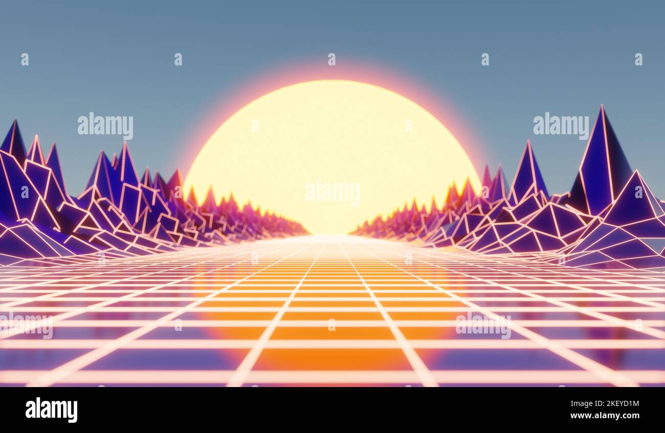 Retro sci-fi wireframe landscape. 3D rendering Stock Photo - Alamy