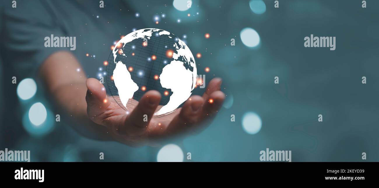 Businessman holding Global network connection. Big data analytics and business intelligence ...