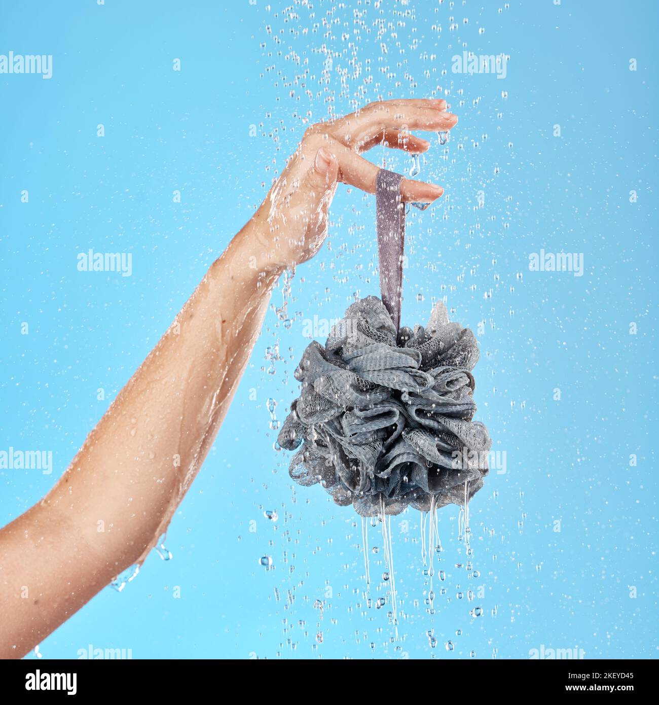 Hand, shower and water with a body sponge for skincare, cleaning and hygiene against a blue ...