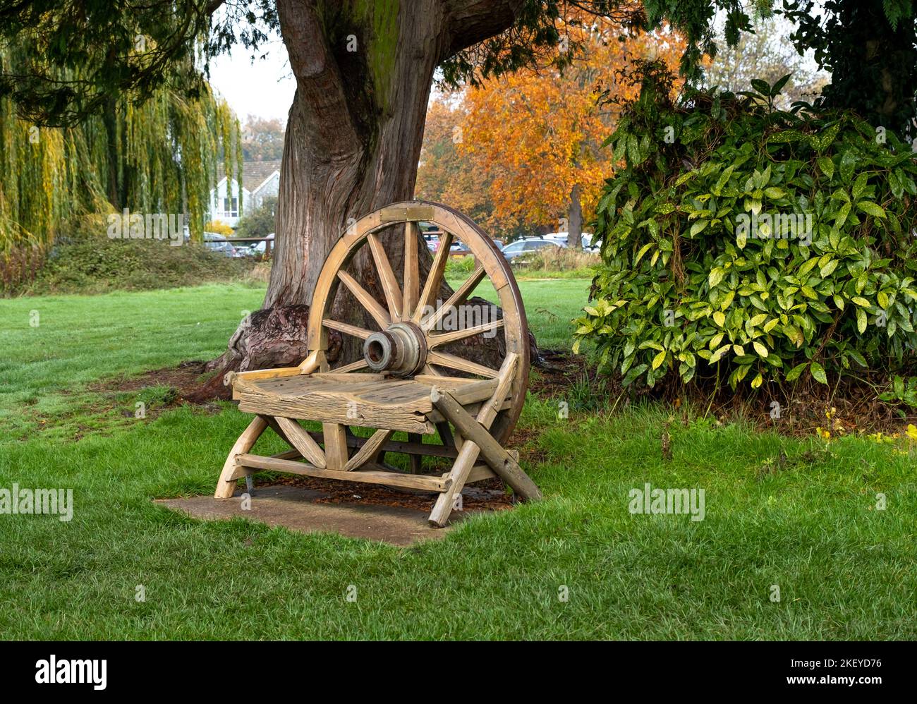 Ornate wooden bench under a tree in the countryside Stock Photo - Alamy