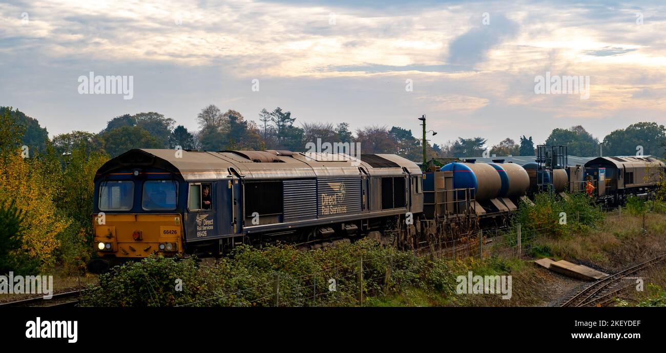 Wroxham, Norfolk, UK - 13 November 2022. Freight train on the Norfolk ...