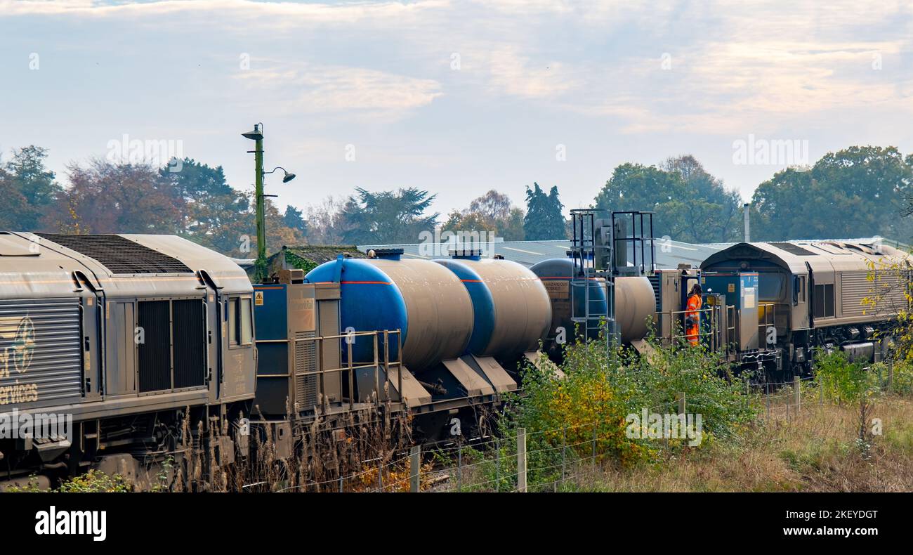 Wroxham, Norfolk, UK - 13 November 2022. Freight train on the Norfolk ...
