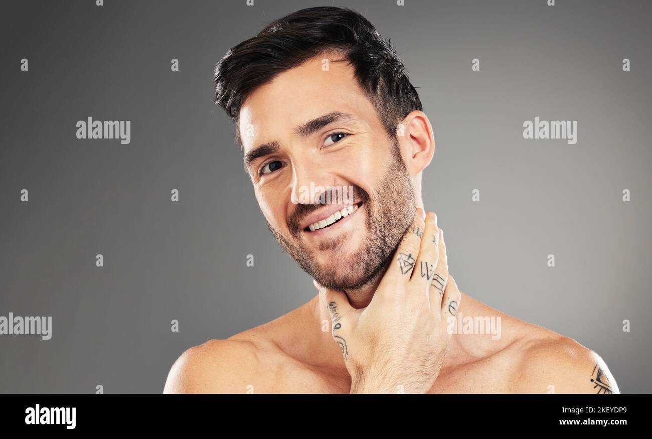 Wellness, skincare and face of man with smile in studio isolated on ...