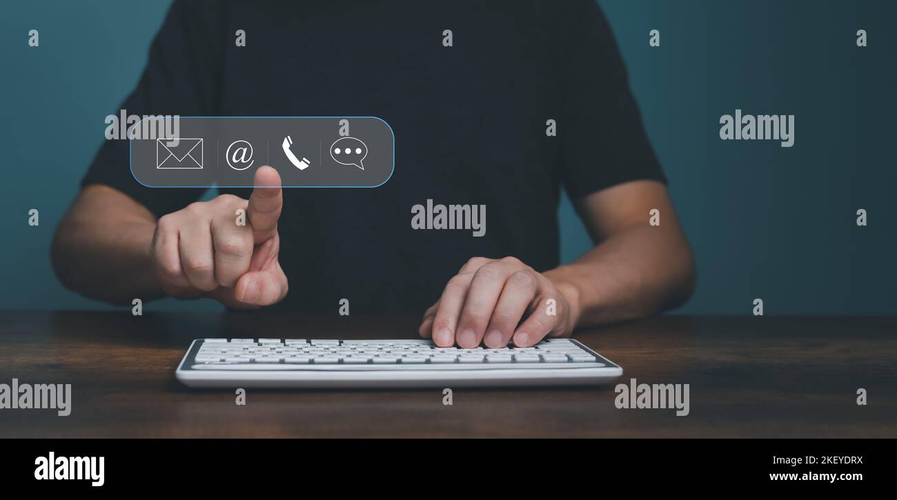 Customer support hotline Contact us people connection. Businessman ...