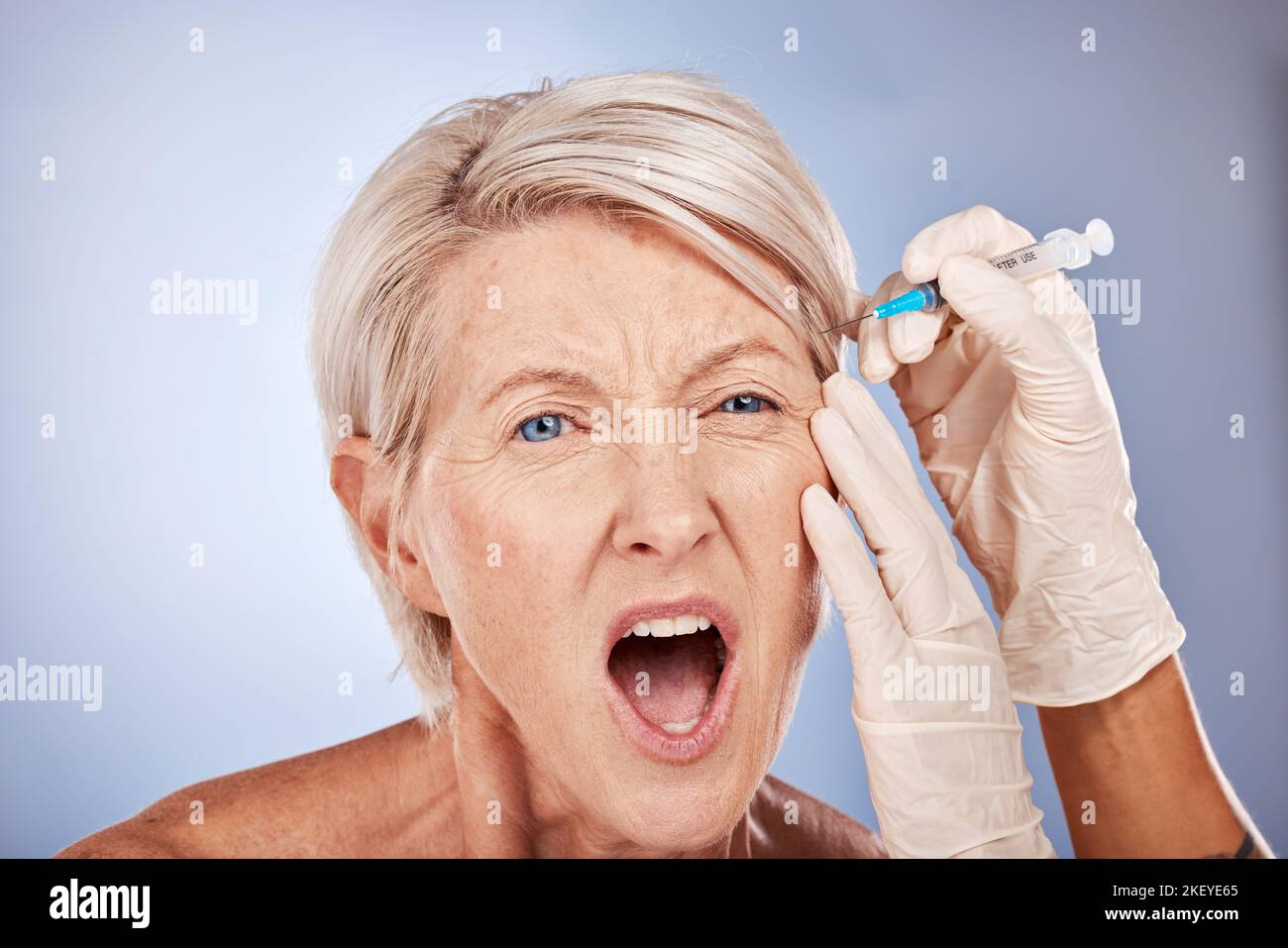 Botox, face surgery or senior woman in pain getting plastic surgery ...