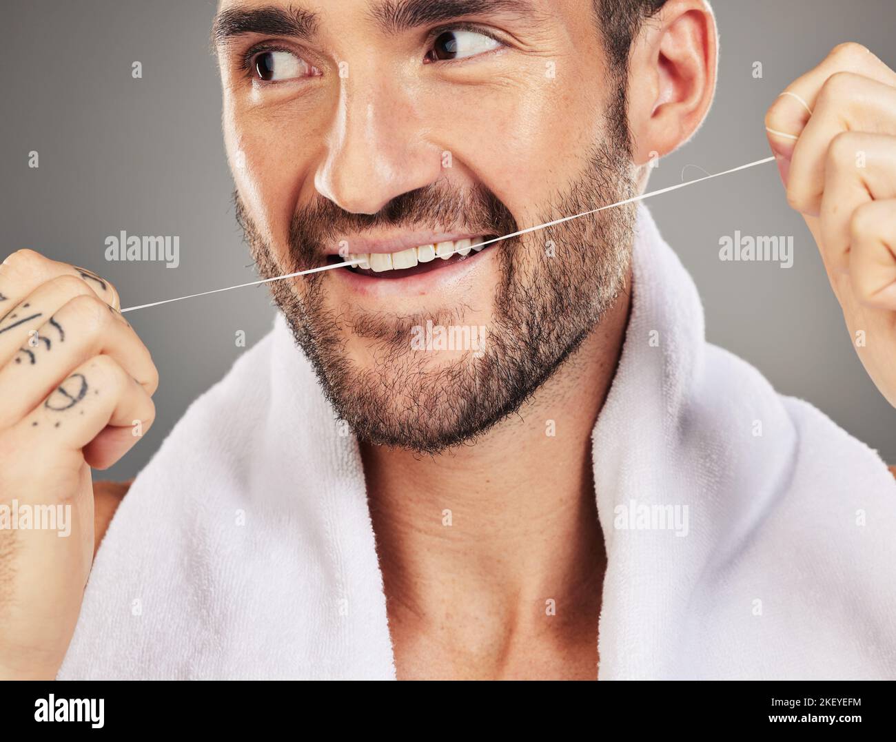 Man, floss and teeth. dental health and hygiene for mouth wellness, advertising and cleaning ...