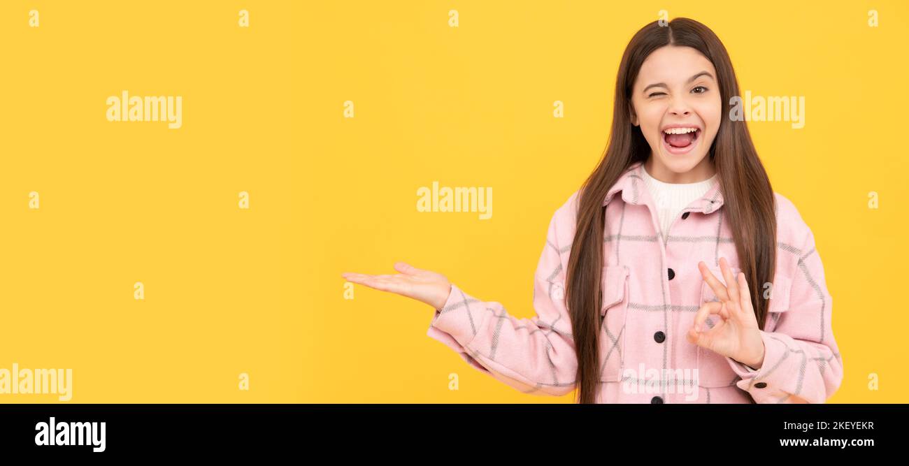 winking happy teen girl wear pink checkered shirt presenting product ...