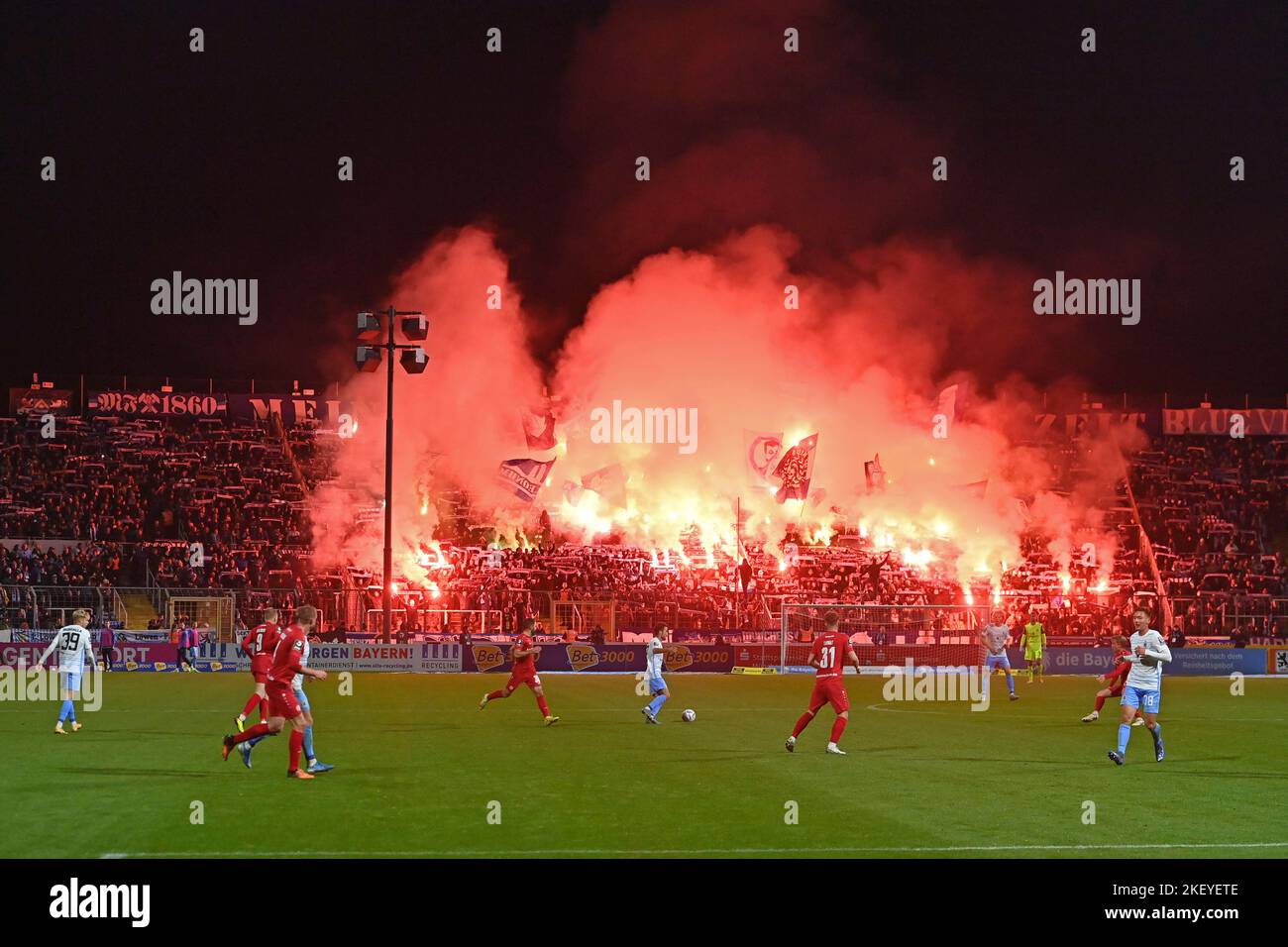 Munich GRUENWALDER STADIUM. 14th Nov, 2022. Pyrotechnics, fireworks ...