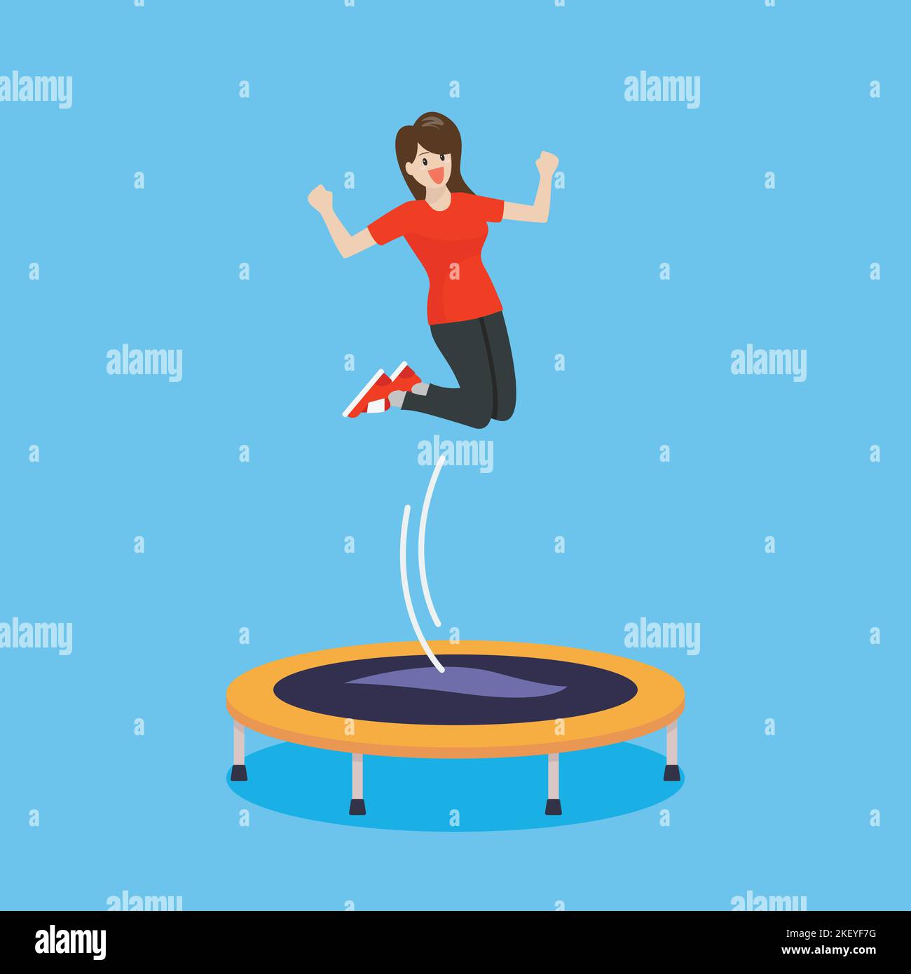 Excited Woman Jumping and Bouncing on Trampoline. Vector illustration ...