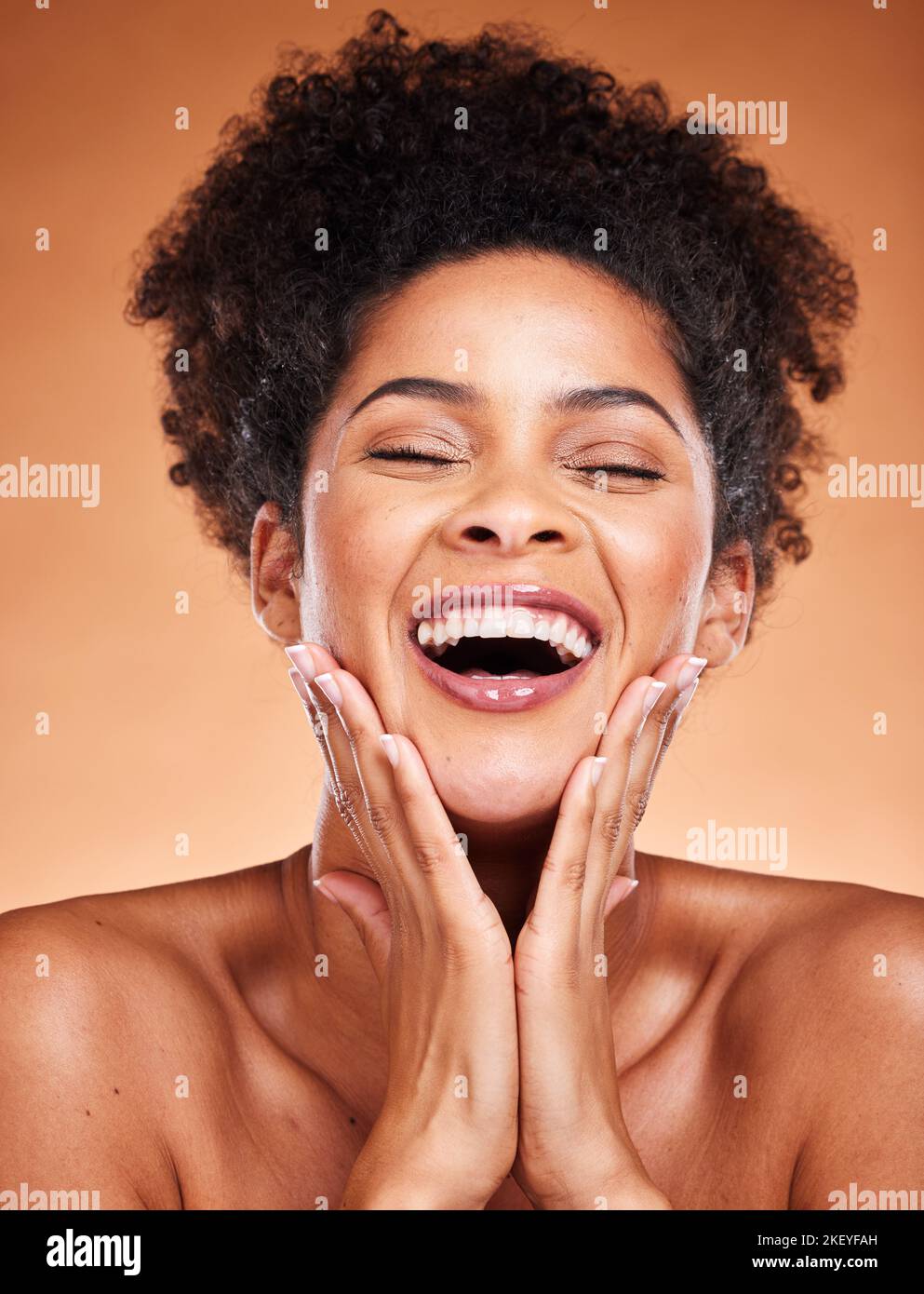 Excited, skincare and beauty black woman in studio for makeup ...