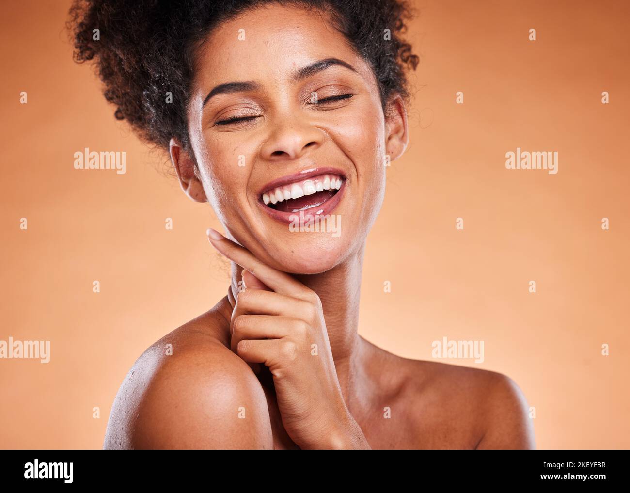 Face, teeth and beauty of black woman with eyes closed in studio on an ...