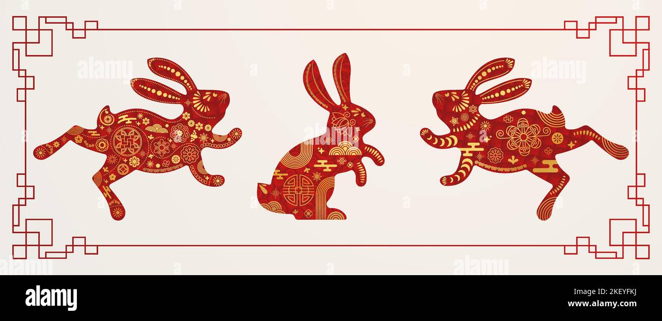 Happy Chinese New Year 2023 card. Cute jumping and sitting rabbit Stock ...