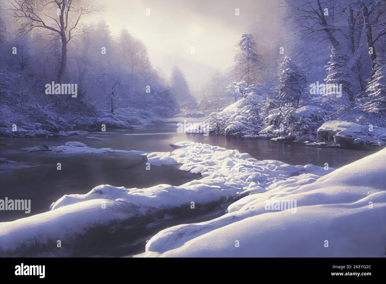 Winter in the woods with snow covered trees and a spectacular mountain ...