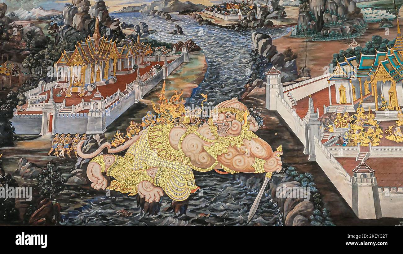 Painting of Ramakien in temple of the Emerald Buddha - Wat Phra Si ...