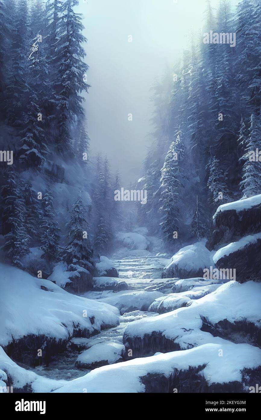 Winter in the woods with snow covered trees and a spectacular mountain ...