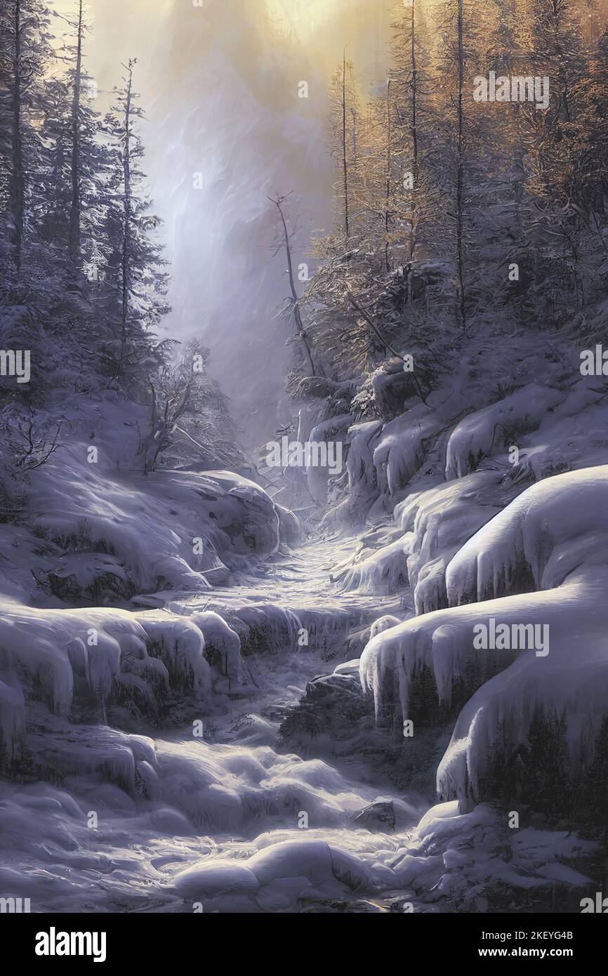 Winter in the woods with snow covered trees and a spectacular mountain ...