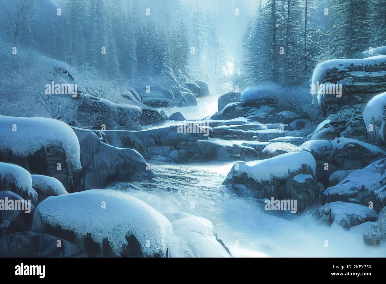 Winter in the woods with snow covered trees and a spectacular mountain ...