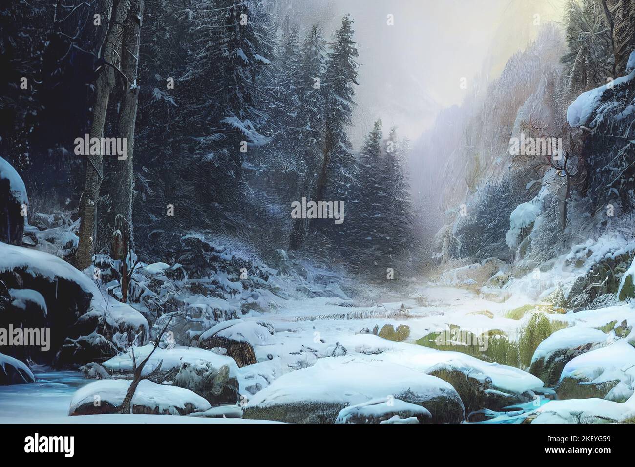 Winter in the woods with snow covered trees and a spectacular mountain ...