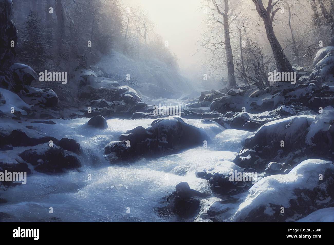 Winter in the woods with snow covered trees and a spectacular mountain ...