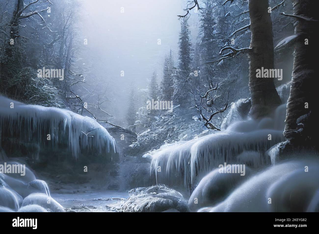 Winter in the woods with snow covered trees and a spectacular mountain ...
