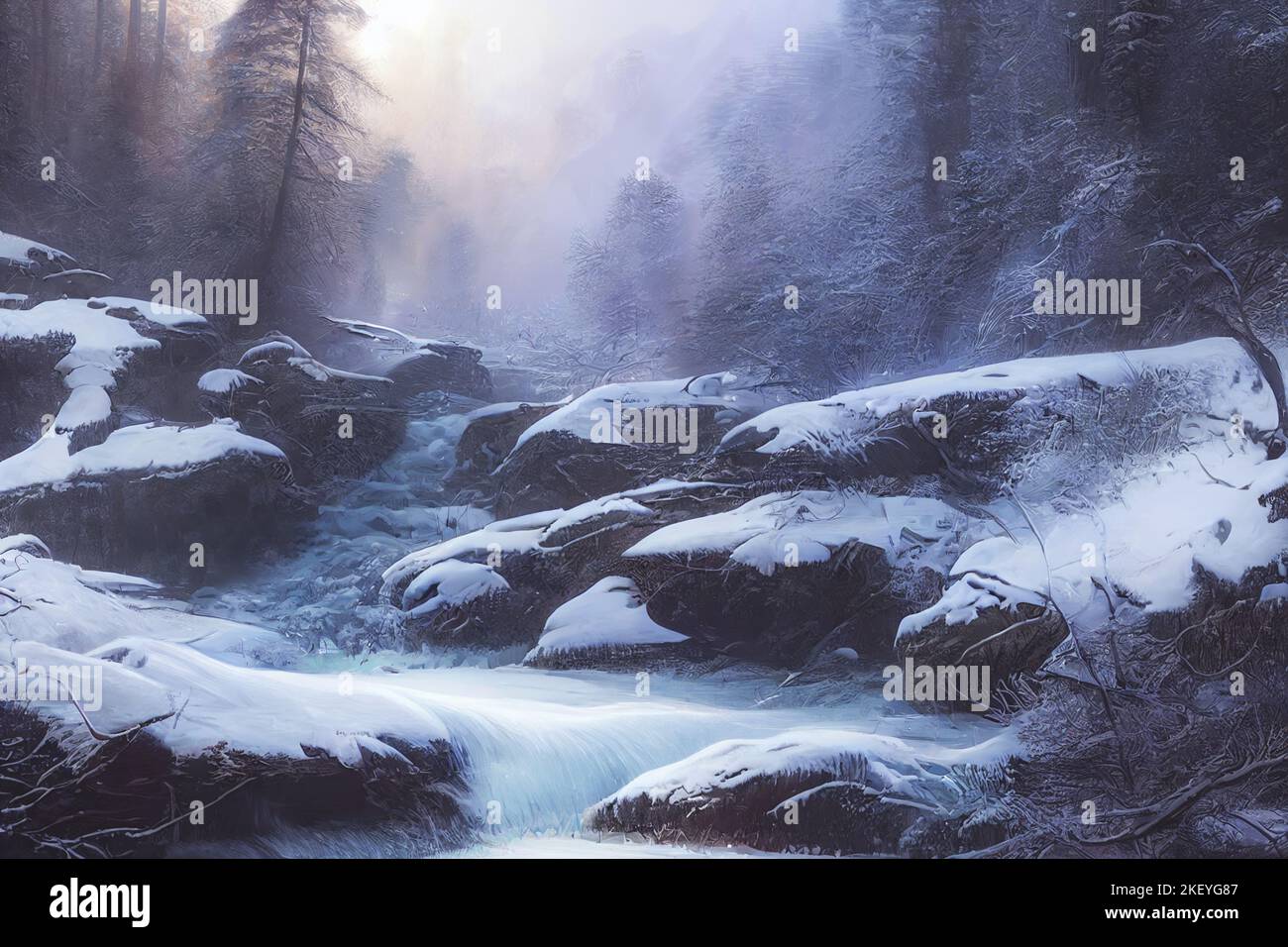 Winter in the woods with snow covered trees and a spectacular mountain ...