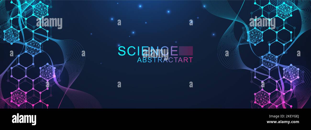 Modern scientific background with hexagons, lines and dots. Wave flow ...