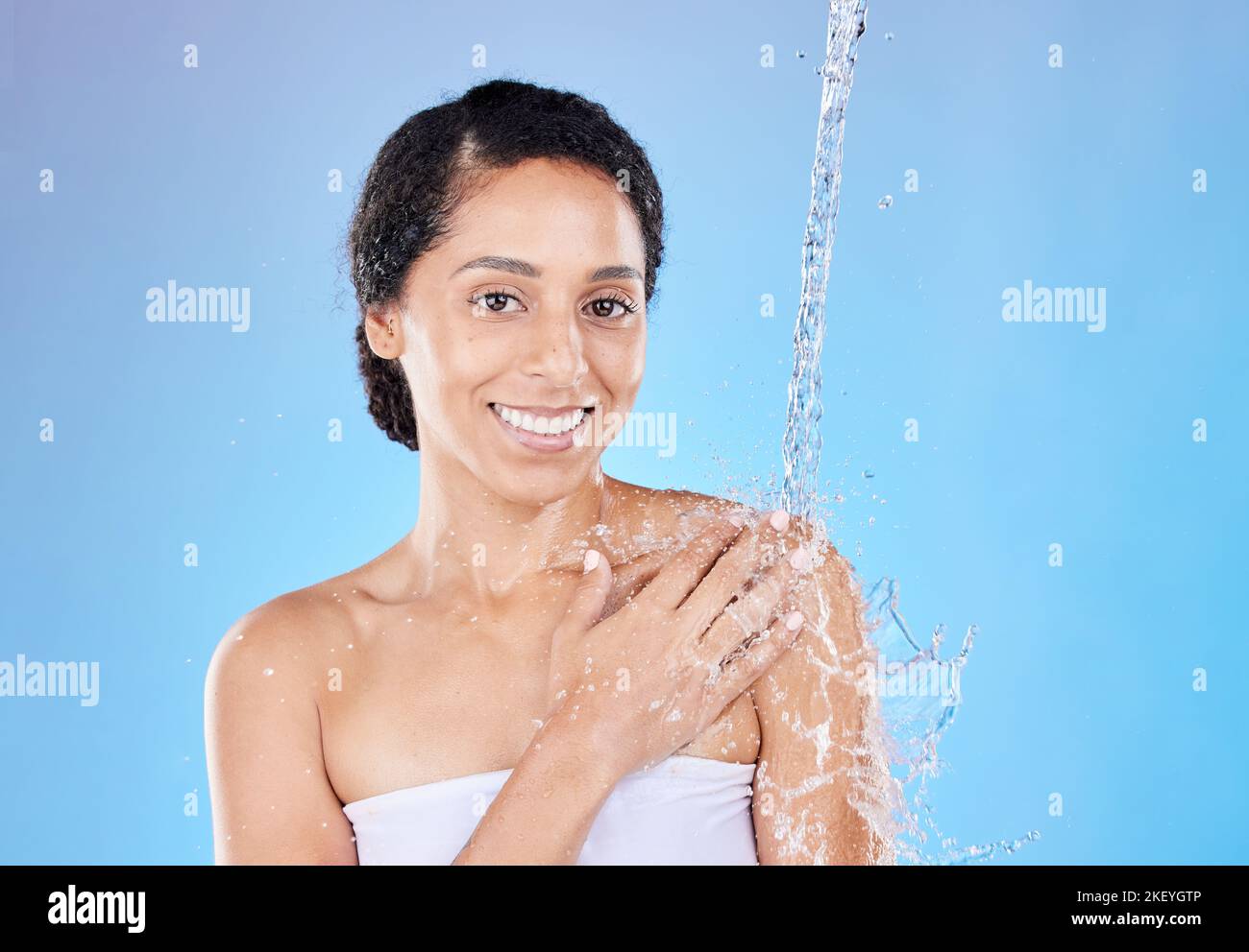 Shower Black Woman And Water Splash Skincare And Happy Portrait Of