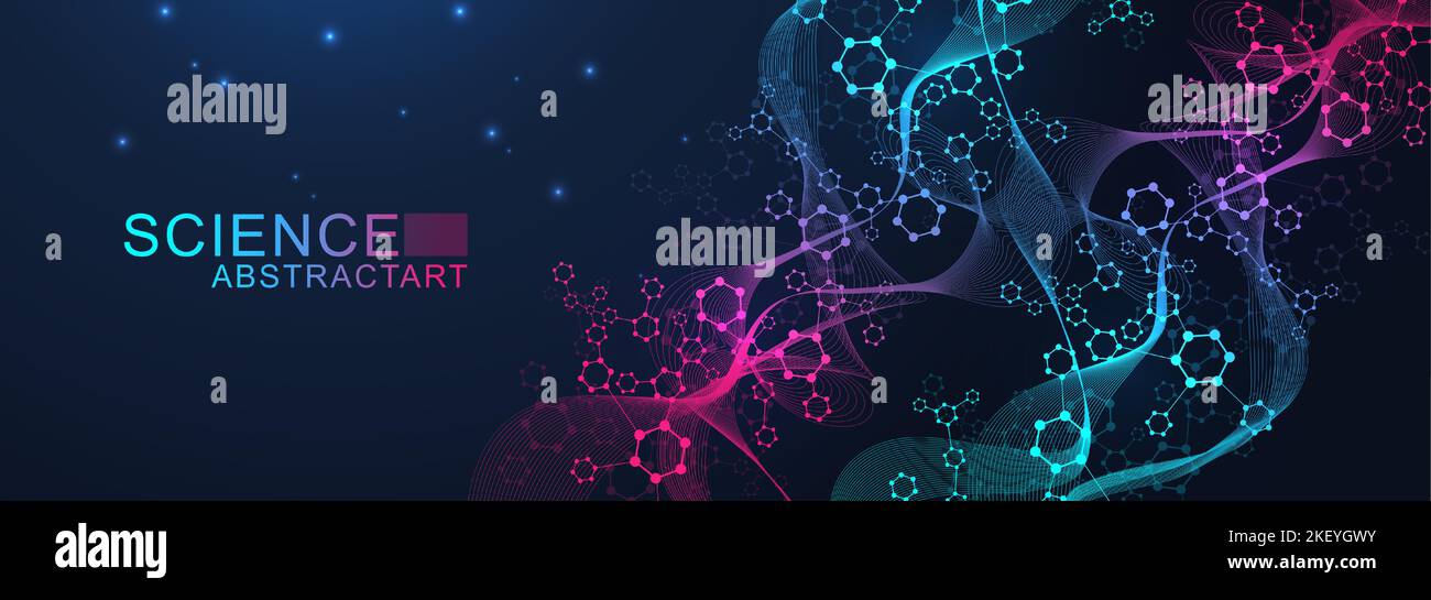 Modern scientific background with hexagons, lines and dots. Wave flow ...