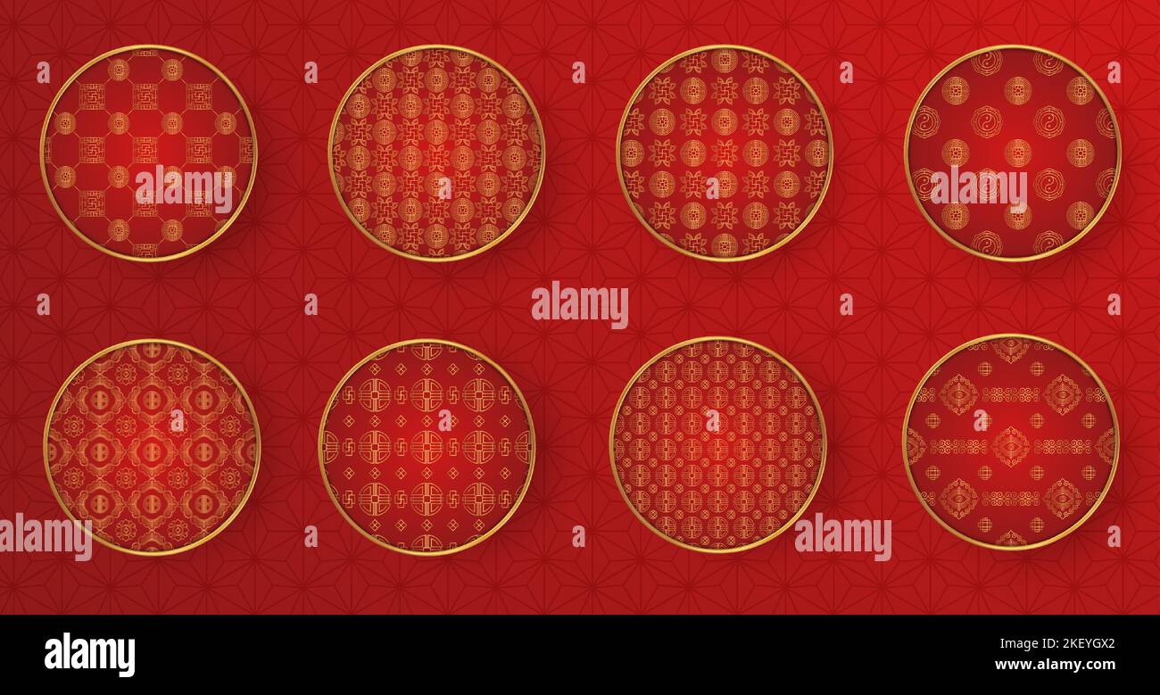Red golden traditional chinese round pattern decor set Stock Vector ...