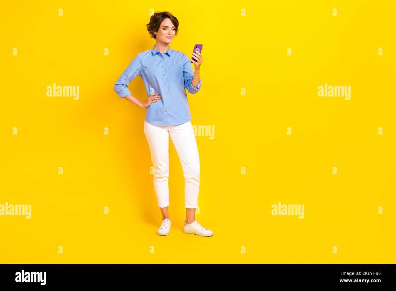 Full size photo of nice woman with bob hairdo dressed blue blouse ...