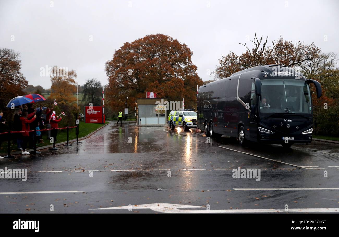 Coaches carrying the England World Cup football team departing from St ...