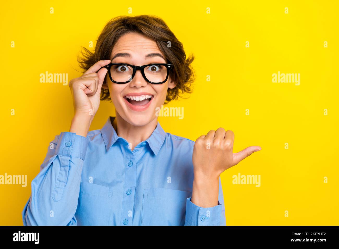 Closeup photo of young funny excited surprised businesswoman touch new ...