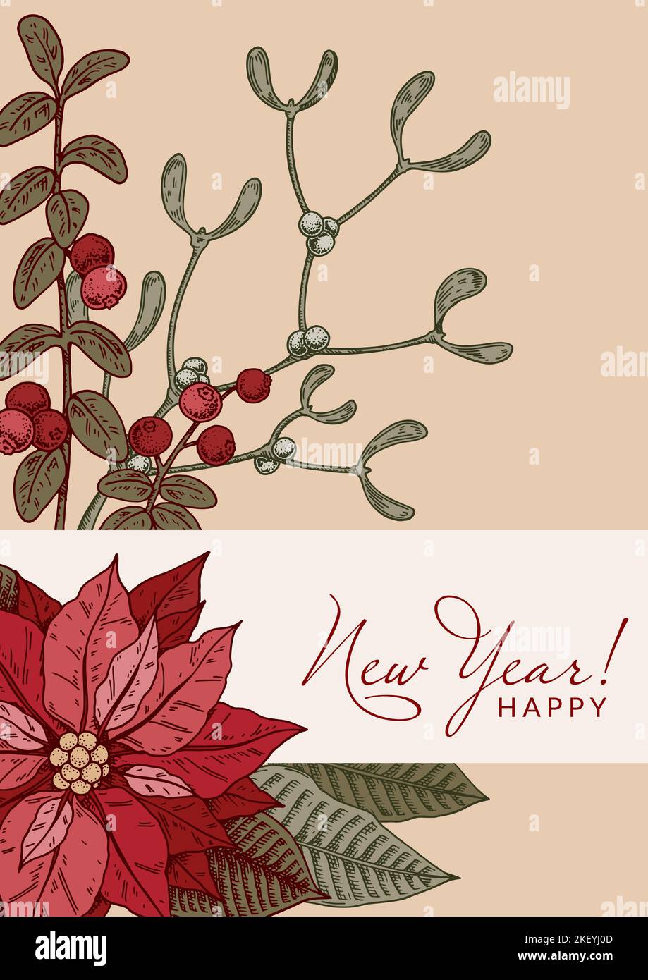 Merry Christmas and Happy New Year vertical greeting card with hand ...