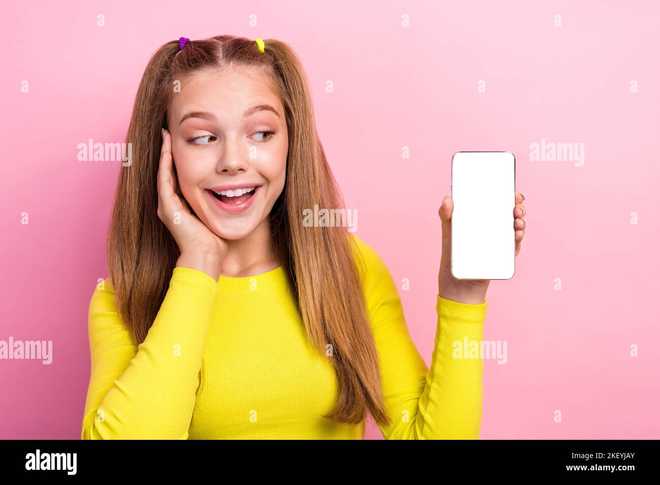 Photo of pretty lovely lady hand hold modern device look empty space ...