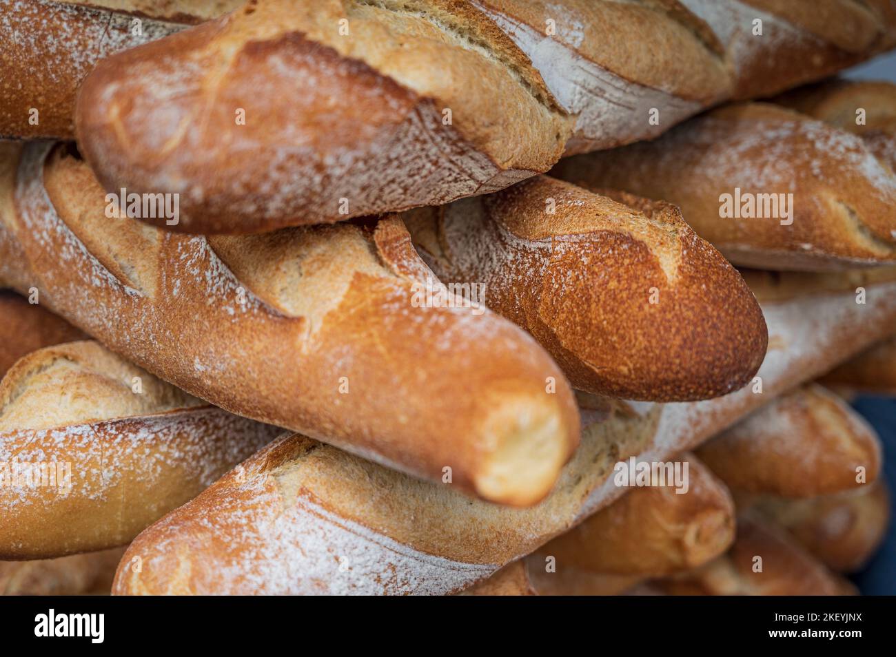 French baguette bread sold at the market of Anglet, southwest France ...
