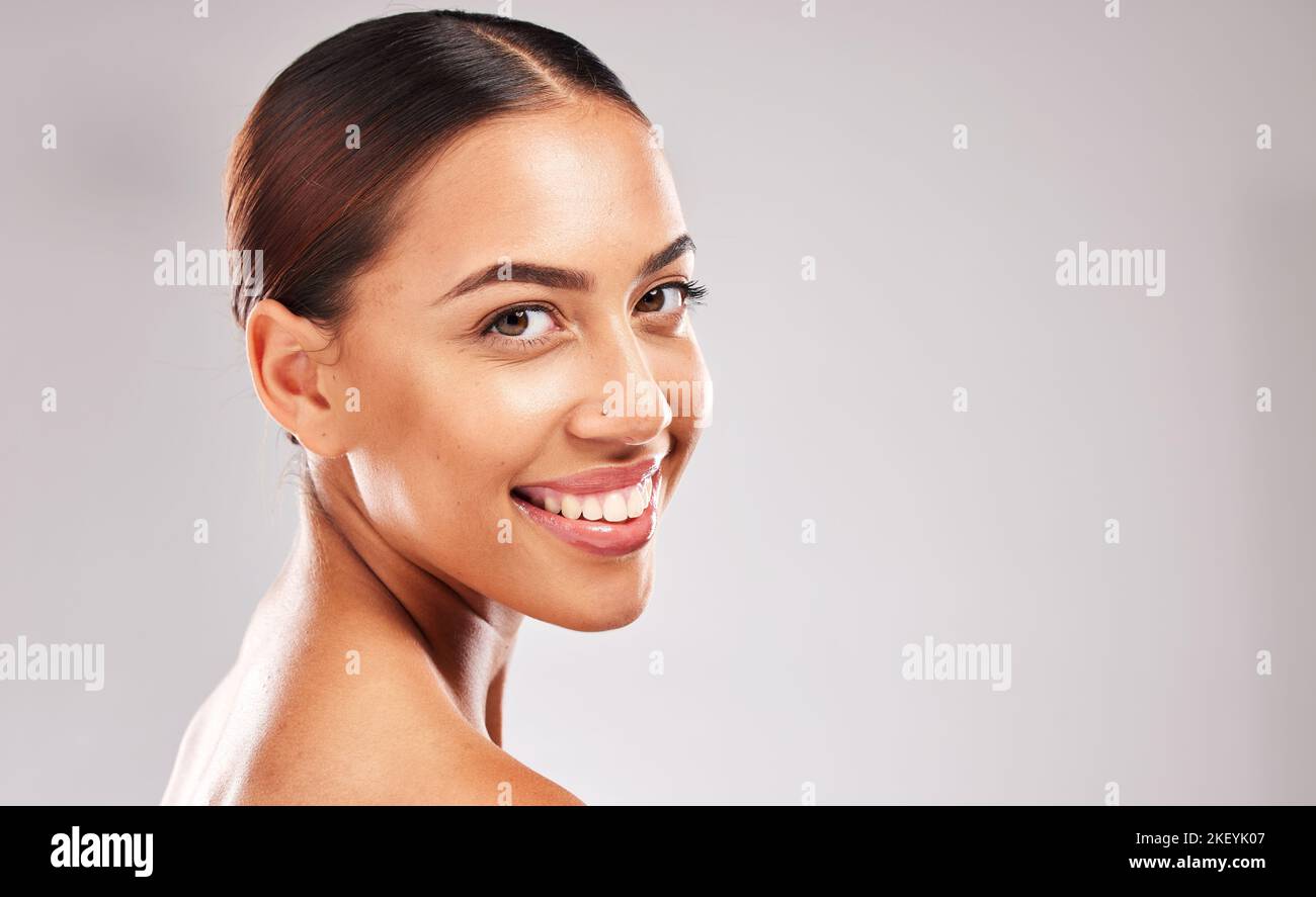 Beauty, skincare portrait and smile of a woman wellness model feeling ...