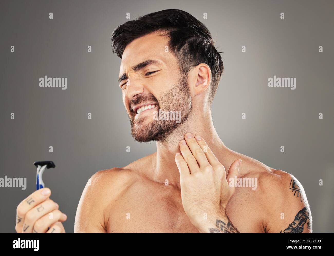 Man, face and shaving pain on neck for skincare beauty or cosmetics ...
