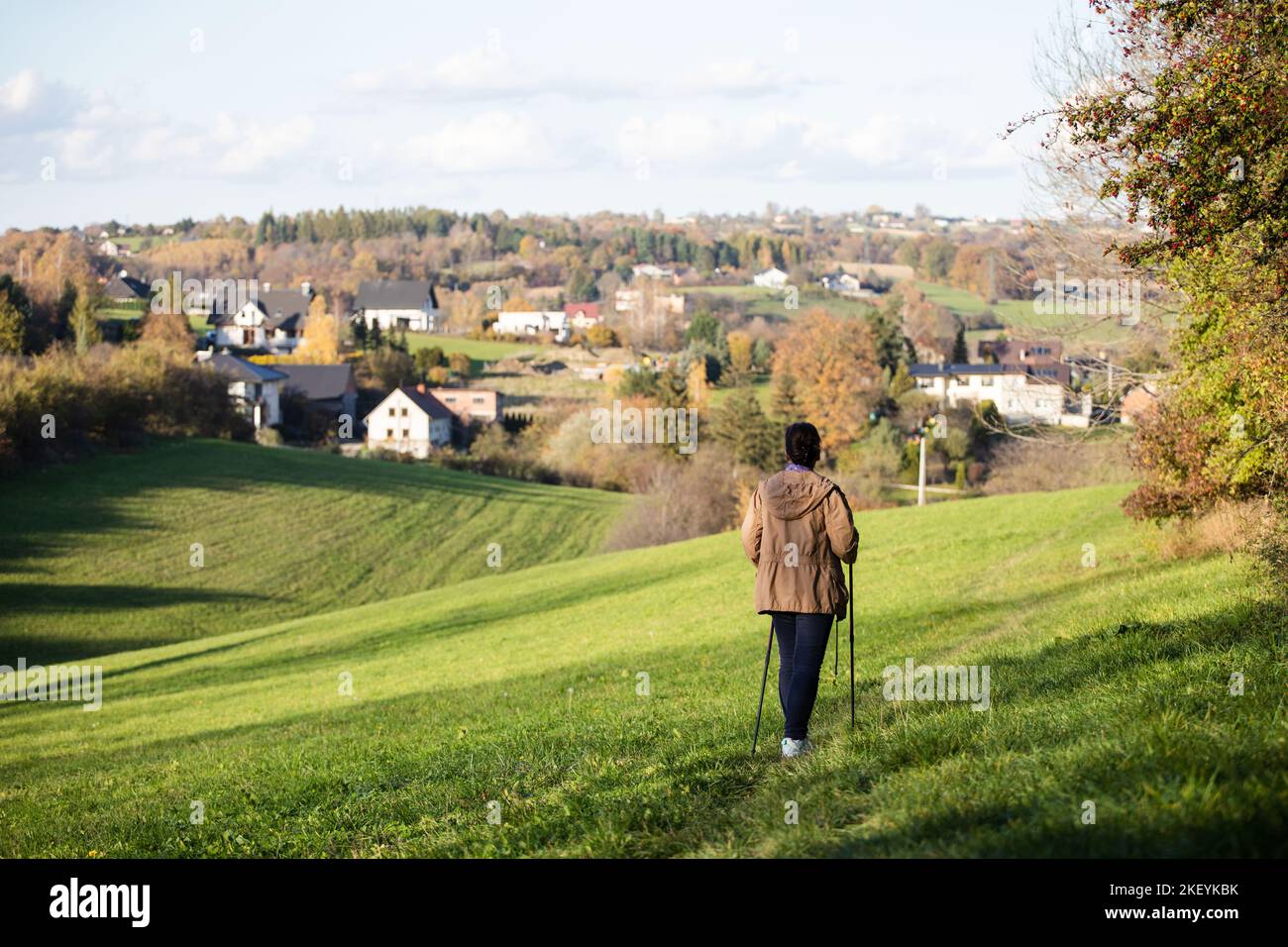 Active lifestyle elder lady nordic walking in the countryside Stock ...
