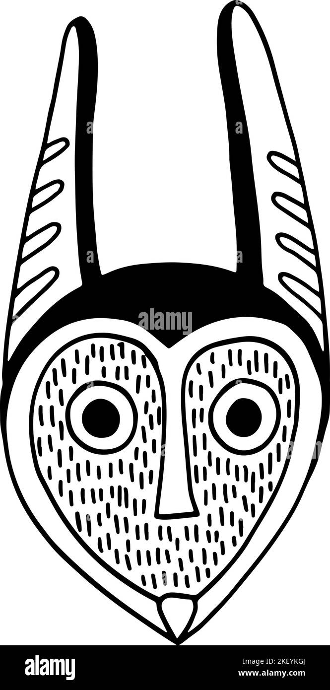 African tribal ritual mask. Doodle black and white simple illustration ...