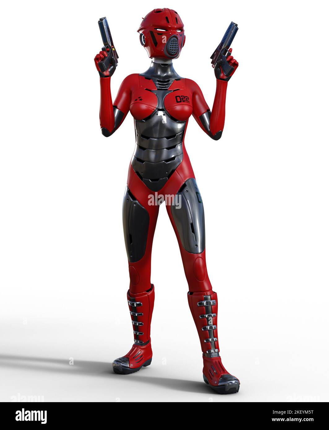 futuristic warrior woman in a red suit, armed with guns, 3d rendering ...