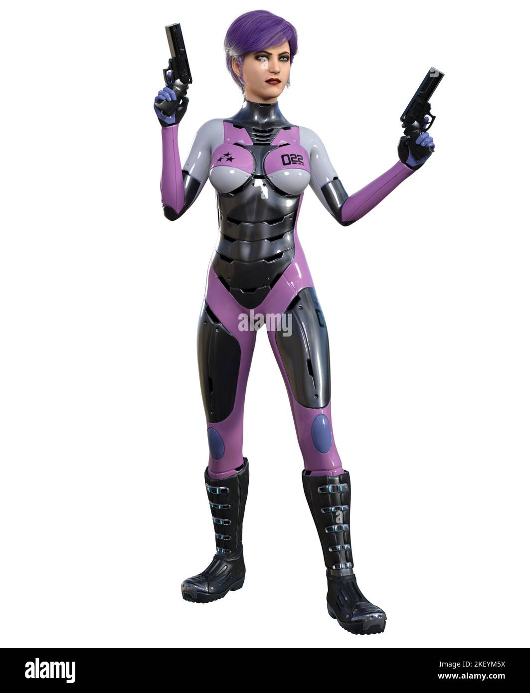 warrior woman in a futuristic suit, armed with guns, 3d rendering Stock ...