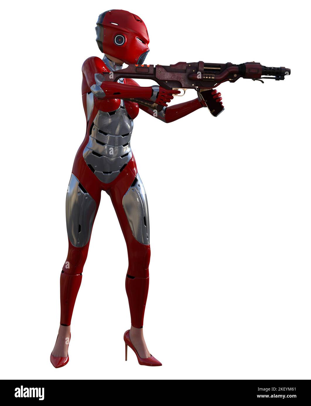 futuristic warrior woman in a red suit, armed with guns, 3d rendering ...