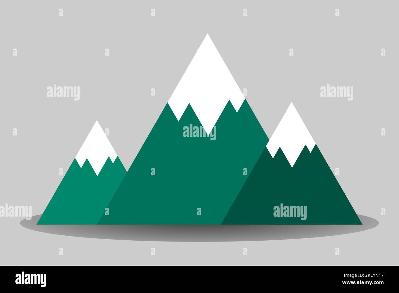 Green mountain range with white snow caps. Three hills. Simple ...