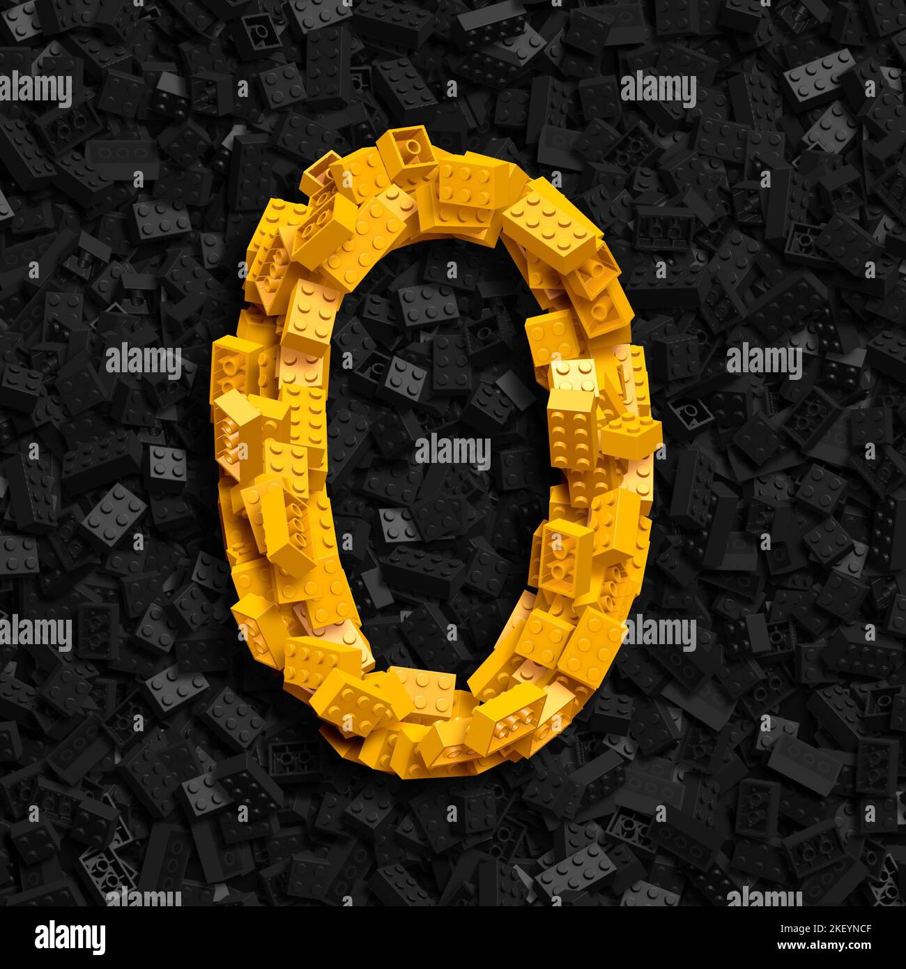 3d alphabet, set of yellow numbers made of bricks on dark background ...