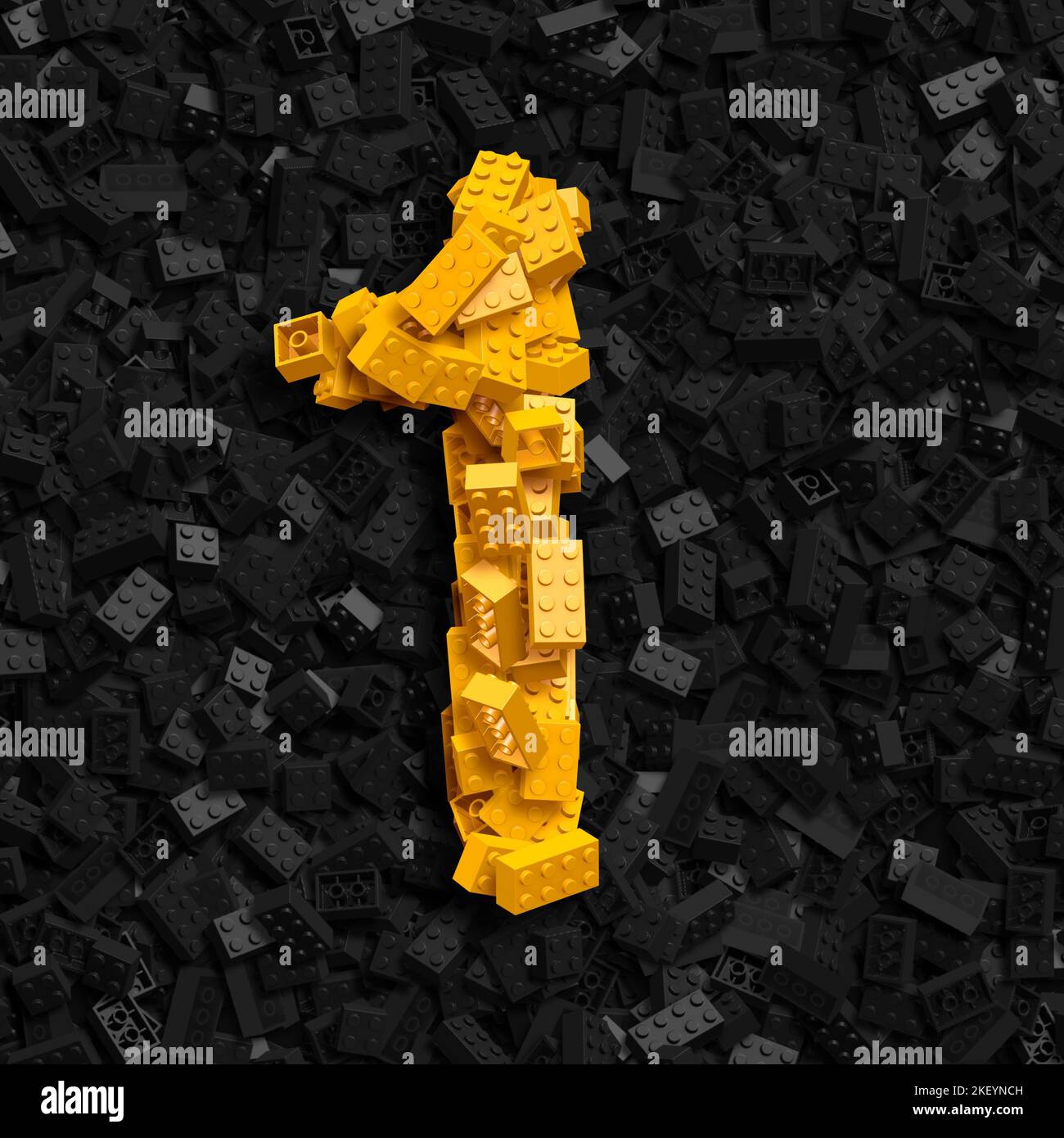 3d alphabet, set of yellow numbers made of bricks on dark background ...