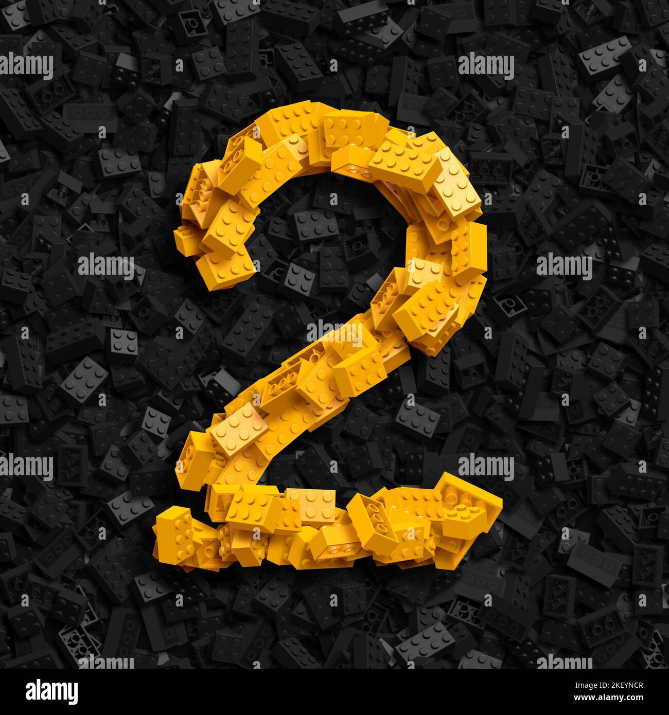 3d alphabet, set of yellow numbers made of bricks on dark background ...