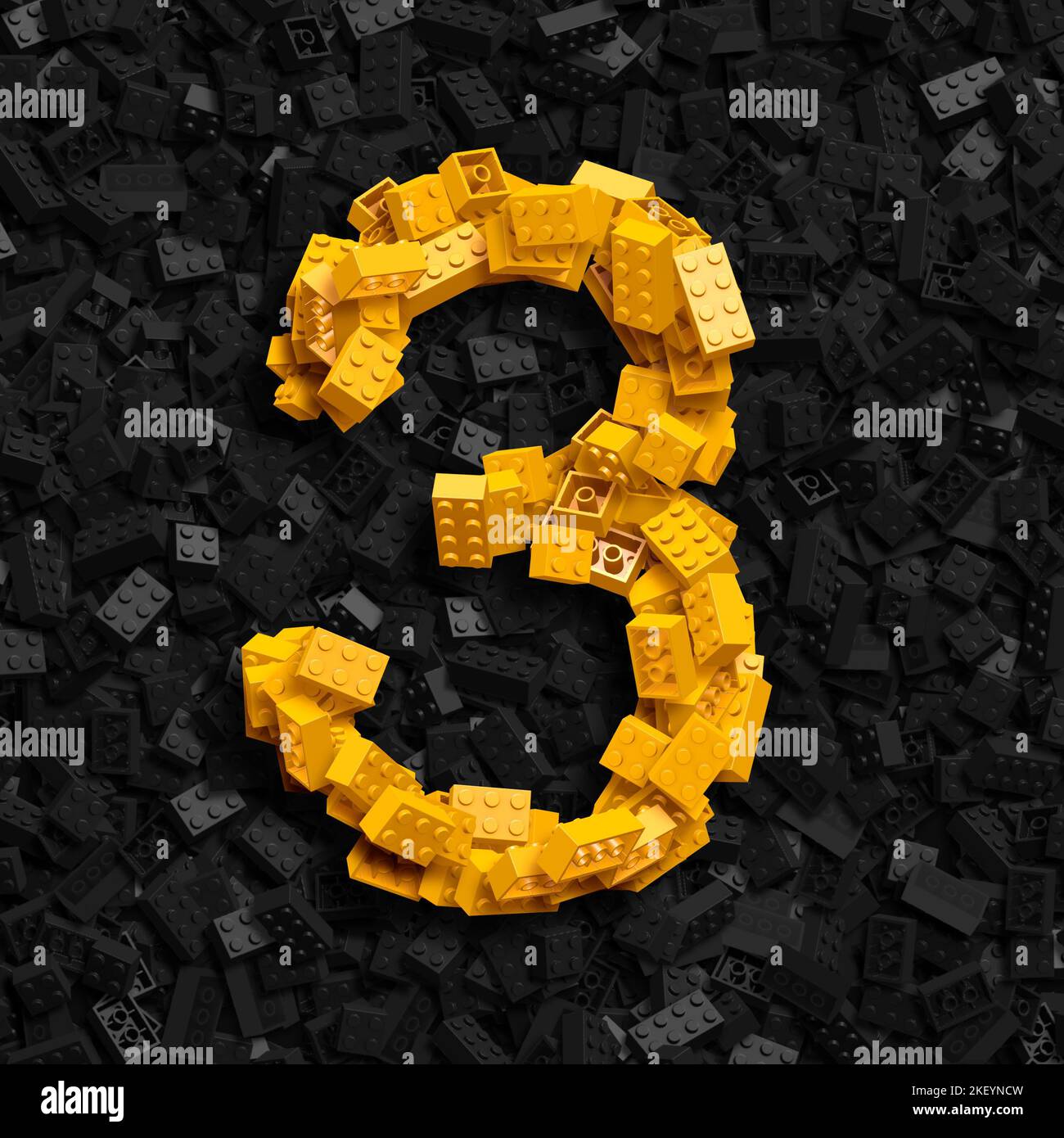 3d alphabet, set of yellow numbers made of bricks on dark background ...
