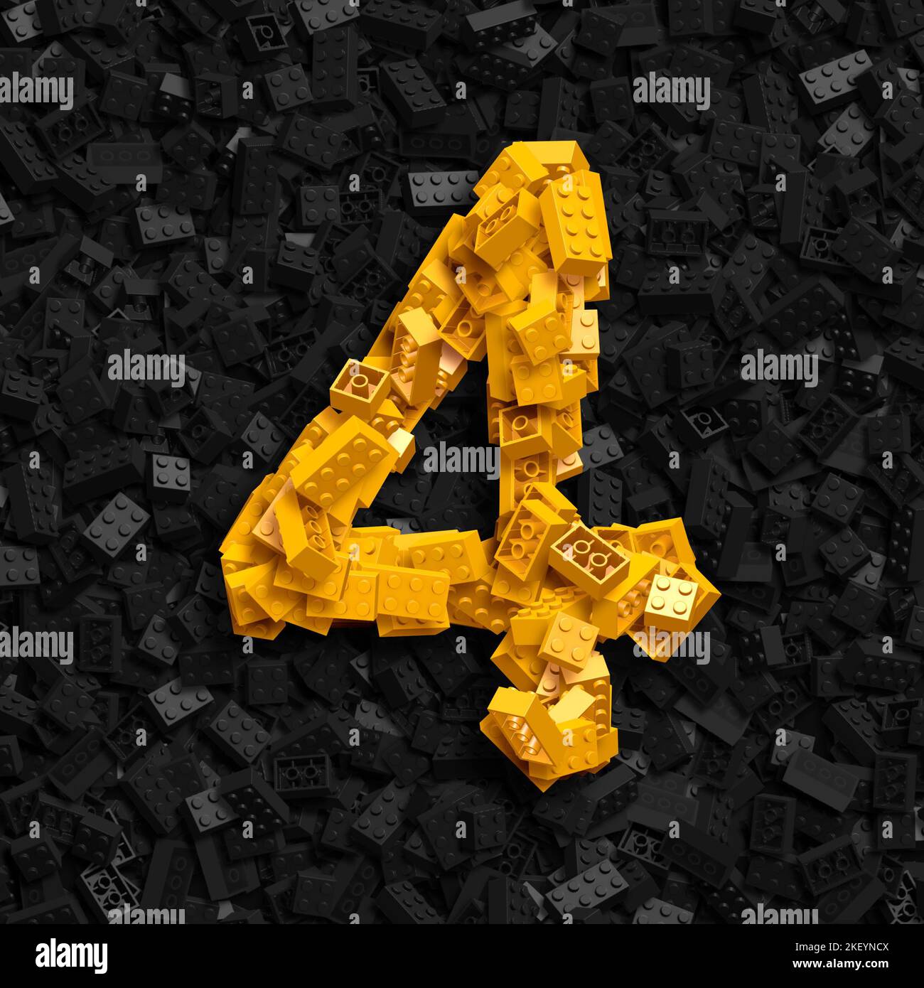 3d alphabet, set of yellow numbers made of bricks on dark background ...